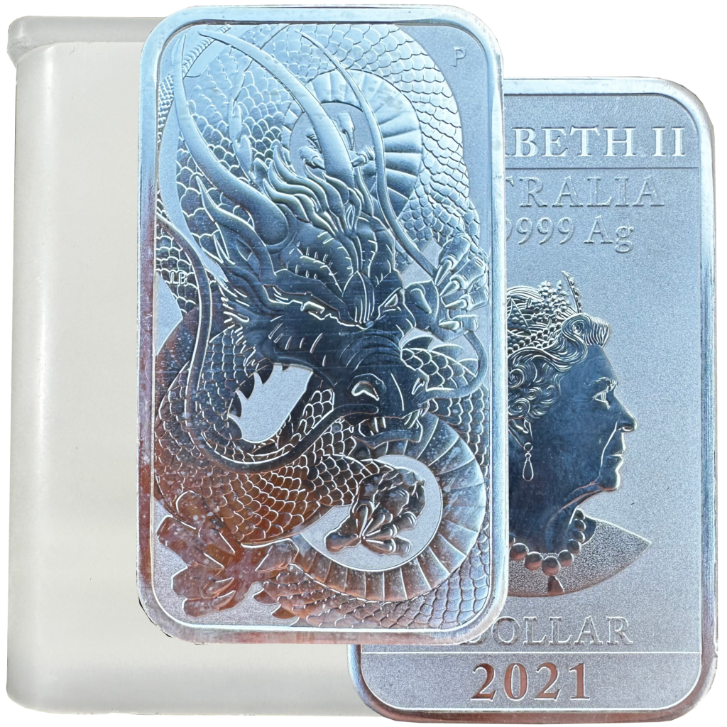 2021 Australian Dragon Bar Perth Mint 1 oz .9999 Fine Silver Coin